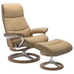 Relaxsessel stressless "View" Sessel Gr. Leder PALOMA, Cross Base Eiche, Relaxfunktion-Drehfunktion-PlusTMSystem-Gleitsystem-BalanceAdaptTM, B/H/T: 82cm x 109cm x 81cm, beige (sand paloma) mit Signature Base, Größe M,Gestell Eiche