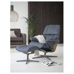 Relaxsessel stressless "Reno" Sessel Gr. Leder PALOMA, Cross Base Eiche-L, Relaxfunktion-Drehfunktion-PlusTMSystem-Gleitsystem-BalanceAdaptTM, B/H/T: 92cm x 100cm x 80cm, blau (sparrow paloma) mit Cross Base, Größe S, M & L, Holzakzent Eiche