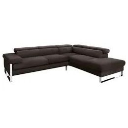 Ecksofa W.Schillig "finn" Sofas Gr. B/H/T: 281cm x 71cm x 230cm, Longlife Xtra-Leder Z59, Ottomane rechts, ohne Kopfteilverstellung-mit motorischer Sitztiefenverstellung, braun (braun z59) German Design Award 2016, Fußgestell Chrom glänzend, Breite 281 cm