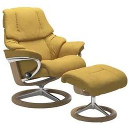 Relaxsessel stressless "Reno" Sessel Gr. ROHLEDER Stoff Q2 FARON, Signature Base Eiche, Relaxfunktion-Drehfunktion-PlusTMSystem-Gleitsystem-BalanceAdaptTM, B/H/T: 92cm x 100cm x 80cm, gelb (gelb q2 faron) mit Hocker, Signature Base, Größe S, M & L, Gestell Eiche