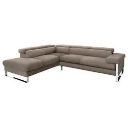 Ecksofa W.Schillig "finn" Sofas Gr. B/H/T: 281cm x 71cm x 230cm, Longlife Xtra-Leder Z59, Ottomane links, ohne Kopfteilverstellung-mit motorischer Sitztiefenverstellung, braun (stone z59) German Design Award 2016, Fußgestell Chrom glänzend, Breite 281 cm