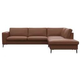 Ecksofa FLEXLUX "Fiore, super Sitzkomfort durch Kaltschaum im Sitz, L-Form" Sofas Gr. B/H/T: 273cm x 85cm x 225cm, Echtleder, Ottomane rechts, braun (old chestnut) breite Armlehnen, Füße Alu+schwarz