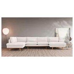 Wohnlandschaft Home Affaire "Torino mit 2 Zierkissen, auch in Bouclé" Sofas Gr. B/H/T: 351 cm x 81 cm x 219 cm, Bouclé, Recamiere rechts, beige (creme) U-Form, BTH: 35121981 cm, incl. edler Holzleiste an Unterkante