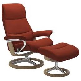 Relaxsessel stressless "View" Sessel Gr. ROHLEDER Stoff Q2 FARON, Cross Base Eiche, Relaxfunktion-Drehfunktion-PlusTMSystem-Gleitsystem-BalanceAdaptTM, B/H/T: 91cm x 110cm x 85cm, rot (rust q2 faron) mit Signature Base, Größe L,Gestell Eiche