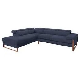 Ecksofa W.Schillig "finn" Sofas Gr. B/H/T: 281cm x 71cm x 230cm, Stoff S37, Ottomane links, mit Kopfteilverstellung-ohne Sitztiefenverstellung, blau (dunkelblau s37) German Design Award 2016, Fußgestell Nussbaum natur, Breite 281 cm