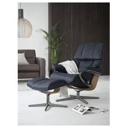 Relaxsessel stressless "Reno" Sessel Gr. Leder PALOMA, Cross Base Eiche-L, Relaxfunktion-Drehfunktion-PlusTMSystem-Gleitsystem-BalanceAdaptTM, B/H/T: 92cm x 100cm x 80cm, blau (oxford paloma) mit Hocker, Cross Base, Größe S, M & L, Holzakzent Eiche