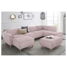 Wohnlandschaft Andas "Janek U-Form" Sofas Gr. B/H/T: 324cm x 81cm x 191cm, Struktur weich, Ottomane rechts, ohne Funktion, rosa (flamingo) mit Federkern und Keder in scandinavischem Design