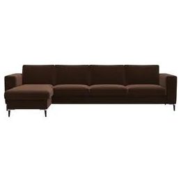 Ecksofa FLEXLUX "Fiore, L-Form" Sofas Gr. B/H/T: 295cm x 85cm x 159cm, Velvet, Chaiselongue links, braun (tobacco) breite Armlehnen, Kaltschaum, Füße Alu+schwarz