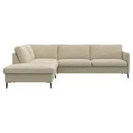 Ecksofa FLEXLUX "Fiore, L-Form" Sofas Gr. B/H/T: 266cm x 85cm x 225cm, Chenille, Ottomane links, beige (sandy beige) schmale Armlehnen, Kaltschaum, Füße Alu+schwarz