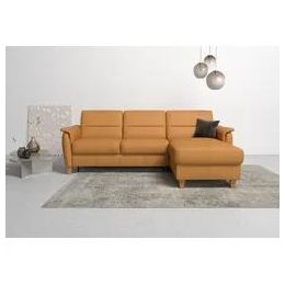 Ecksofa Home Affaire "Palmera L-Form" Sofas Gr. B/H/T: 244cm x 89cm x 163cm, NaturLEDER, Recamiere rechts, mit Bettfunktion-mit Bettkasten, gelb (curry) Federkern, wahlweise mit Bettfunktion und mitohne Bettkasten