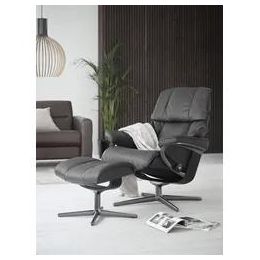 Relaxsessel stressless "Reno" Sessel Gr. Leder BATICK, Cross Base Schwarz-L, Relaxfunktion-Drehfunktion-PlusTMSystem-Gleitsystem-BalanceAdaptTM, B/H/T: 92cm x 100cm x 80cm, grau (grau batick) mit Hocker, Cross Base, Größe S, M & L, Holzakzent Schwarz