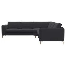 Ecksofa FLEXLUX "Fiore, gleichschenklig, super Sitzkomfort durch Kaltschaum im Sitz" Sofas Gr. B/H/T: 257cm x 85cm x 92cm, Lederoptik, Schenkel links, schwarz (gorilla blac) breite Armlehnen, Füße Alu+ Eiche, L-Form