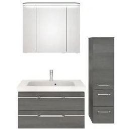 Badmöbel-Set SAPHIR "Balto Sprint 3-teilig, Mineralmarmor-Waschtisch mit LED-Spiegelschrank" Kastenmöbel-Sets Gr. B/H/T: 122 cm x 200 cm x 50,8 cm, 1 Mineralmarmor-Waschtisch weiß-1 Waschtischunterschrank mit 2 Auszügen-1 Spiegelschrank mit 2 Drehtüren-1 LED-Lichtkranz-1 Midischrank mit 1 Drehtür, 2 Auszügen, grau (graphit struktur quer nachbildung) Badezimmer Set mit Midischrank, inkl Türdämpfer,