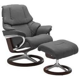 Relaxsessel stressless "Reno" Sessel Gr. Leder BATICK, Signature Base Braun-L, Relaxfunktion-Drehfunktion-PlusTMSystem-Gleitsystem-BalanceAdaptTM, B/H/T: 92cm x 100cm x 80cm, grau (grau batick) mit Hocker, Signature Base, Größe S, M & L, Gestell Braun