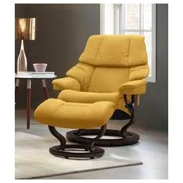 Relaxsessel stressless "Reno" Sessel Gr. ROHLEDER Stoff Q2 FARON, Classic Base Braun, Relaxfunktion-Drehfunktion-PlusTMSystem-Gleitsystem, B/H/T: 79cm x 98cm x 75cm, gelb (gelb q2 faron) mit Hocker, Classic Base, Größe S, M & L, Gestell Braun