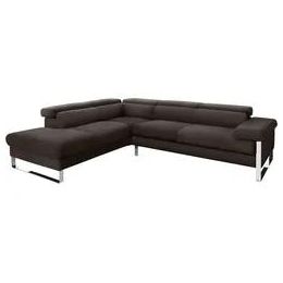 Ecksofa W.Schillig "finn" Sofas Gr. B/H/T: 281cm x 71cm x 230cm, Longlife Xtra-Leder Z59, Ottomane links, ohne Kopfteilverstellung-mit motorischer Sitztiefenverstellung, braun (braun z59) German Design Award 2016, Fußgestell Chrom glänzend, Breite 281 cm