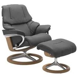 Relaxsessel stressless "Reno" Sessel Gr. Leder BATICK, Signature Base Eiche, Relaxfunktion-Drehfunktion-PlusTMSystem-Gleitsystem-BalanceAdaptTM, B/H/T: 79cm x 99cm x 75cm, grau (grau batick) mit Hocker, Signature Base, Größe S, M & L, Gestell Eiche