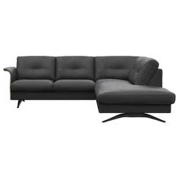 Ecksofa FLEXLUX "Glow, super bequem durch hochwertigem Sitzaufbau mit Federkern, L-Form" Sofas Gr. B/H/T: 236cm x 81cm x 224cm, Echtleder, Ottomane rechts, Armlehnen in Walnuss, schwarz (deep schwarz) Modernes skandinavisches Design