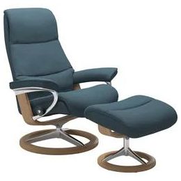 Relaxsessel stressless "View" Sessel Gr. ROHLEDER Stoff Q2 FARON, Cross Base Eiche, Relaxfunktion-Drehfunktion-PlusTMSystem-Gleitsystem-BalanceAdaptTM, B/H/T: 82cm x 109cm x 81cm, blau (petrol q2 faron) mit Signature Base, Größe M,Gestell Eiche