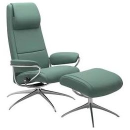 Relaxsessel stressless "Paris" Sessel Gr. Leder PALOMA, Star Base-High Base, PlusTMSystem-Gleitsystem-Relaxfunktion-Drehfunktion-Kopfstützenverstellung-Rückteilverstellung, B/H/T: 80cm x 114cm x 74cm, grün (aqua paloma) mit Hocker, High Back, Star Base, Gestell Chrom