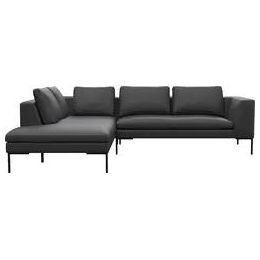 Ecksofa FLEXLUX "Loano, superbequemer Sitzkomfort durch Kaltschaum im Sitz" Sofas Gr. B/H/T: 284cm x 86cm x 230cm, Echtleder, lange Ottomane links, schwarz (deep black) modernes Sofa, frei im Raum stellbar, lose Kissen