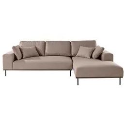 Ecksofa Andas "Mikael" Sofas Gr. B/H/T: 278 cm x 87 cm x 170 cm, Struktur weich, Recamiere rechts, grau (taupe) mit hochwertigem, gebeiztem Holzrahmen und 4 Zierkissen, L-Form