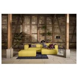 Ecksofa W.Schillig "around-the-block" Sofas Gr. B/H/T: 300cm x 66cm x 164cm, Longlife Xtra-Leder Z69, Longchair rechts, gelb (lemon z69) inklusive Hocker, mit eleganter Biese, Federkern