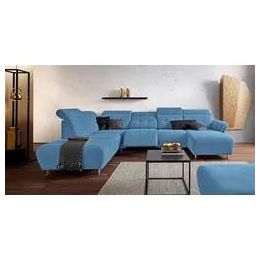 Wohnlandschaft Places of Style "Manhattan U-Form" Sofas Gr. B/H/T: 345cm x 102cm x 247cm, Flachgewebe, Ottomane links, blau (hellblau) 2 Sitze mit elektrischer Relaxfunktion, verstellbare Armlehnen