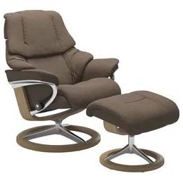 Relaxsessel stressless "Reno" Sessel Gr. ROHLEDER Stoff Q2 FARON, Signature Base Eiche, Relaxfunktion-Drehfunktion-PlusTMSystem-Gleitsystem-BalanceAdaptTM, B/H/T: 92cm x 100cm x 80cm, braun (schwarz beige q2 faron) mit Signature Base, Größe S, M & L, Gestell Eiche