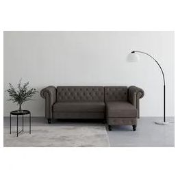 Ecksofa DOREL HOME "Felix, L-Form, 241 cm (Liegefl.108x195 cm), Recamiere tauschbar" Sofas Gr. B/H/T: 241cm x 83cm x 154cm, Luxus-Microfaser Vintage, Recamiere beidseitig montierbar, braun (dunkelbraun) verstellb. Rückenlehne, Bett-Funktion, Velours, Kunstleder, Vintage