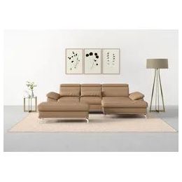 Sit & More Ecksofa SIT & MORE "Cabrio L-Form" Sofas Gr. B/H/T: 295 cm x 87 cm x 180 cm, NaturLEDER, Recamiere rechts, mit Sitztiefenverstellung-mit Kopfteilverstellung-mit Armteilfunktion-mit 2 Nierenkissen-Rücken Spannstoff, braun (cappucino) mit Sitztiefen- und Armteilverstellung sowie Federkern, 2 Nierenkissen