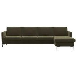 Ecksofa FLEXLUX "Fiore, L-Form, bequem und komfortabel durch hochwertigem Sitzaufbau" Sofas Gr. B/H/T: 280cm x 85cm x 159cm, Velvet, Chaiselongue rechts, grün (moss green) schmale Armlehnen, Kaltschaum, Füße Alu+schwarz