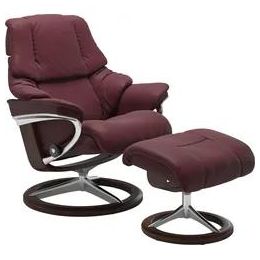 Relaxsessel stressless "Reno" Sessel Gr. Leder BATICK, Signature Base Braun-L, Relaxfunktion-Drehfunktion-PlusTMSystem-Gleitsystem-BalanceAdaptTM, B/H/T: 92cm x 100cm x 80cm, rot (bordeaux batick) mit Hocker, Signature Base, Größe S, M & L, Gestell Braun