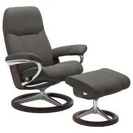 Relaxsessel stressless "Consul" Sessel Gr. Leder PALOMA, Signature Base Wenge, BalanceAdaptTM-PlusTMSystem-Gleitsystem-Relaxfunktion-Drehfunktion-Kopfstützenverstellung-Rückteilverstellung, B/H/T: 82cm x 102cm x 72cm, grau (metal grey paloma) mit Hocker, Signature Base, Größe M, Gestell Wenge