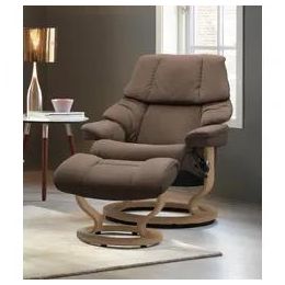 Relaxsessel stressless "Reno" Sessel Gr. ROHLEDER Stoff Q2 FARON, Classic Base Eiche, Relaxfunktion-Drehfunktion-PlusTMSystem-Gleitsystem, B/H/T: 75cm x 96cm x 75cm, braun (dark beige q2 faron) mit Hocker, Classic Base, Größe S, M & L, Gestell Eiche