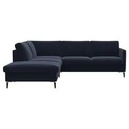 Ecksofa FLEXLUX "Fiore, L-Form" Sofas Gr. B/H/T: 234cm x 85cm x 225cm, Velvet, Ottomane links, blau (royal blau) schmale Armlehnen, Füße Aluschwarz, BT 234225cm, Kaltschaum im Sitz