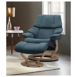 Relaxsessel stressless "Reno" Sessel Gr. ROHLEDER Stoff Q2 FARON, Classic Base Eiche, Relaxfunktion-Drehfunktion-PlusTMSystem-Gleitsystem, B/H/T: 88cm x 98cm x 78cm, blau (petrol q2 faron) mit Hocker, Classic Base, Größe S, M & L, Gestell Eiche