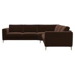 Ecksofa FLEXLUX "Fiore, gleichschenklig, super Sitzkomfort durch Kaltschaum im Sitz" Sofas Gr. B/H/T: 257cm x 85cm x 92cm, Velvet, Schenkel links, braun (tobacco) breite Armlehnen, Füße Alu+ Eiche, L-Form