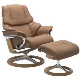 Relaxsessel stressless "Reno" Sessel Gr. Leder BATICK, Signature Base Eiche, Relaxfunktion-Drehfunktion-PlusTMSystem-Gleitsystem-BalanceAdaptTM, B/H/T: 79cm x 99cm x 75cm, braun (latte batick) mit Hocker, Signature Base, Größe S, M & L, Gestell Eiche