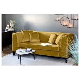 3-Sitzer Fink "MAXIM" Sofas Gr. B/H/T: 202cm x 84cm x 85cm, Samtvelours VELVET, gelb (senf velvet) mit schmalem Holzsockel, inklusive 4 Zierkissen