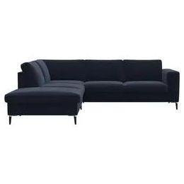 Ecksofa FLEXLUX "Fiore, L-Form" Sofas Gr. B/H/T: 241cm x 85cm x 225cm, Velvet, Ottomane links, blau (royal blau) breite Armlehnen, Füße Aluschwarz, BT 241225 cm, Kaltschaum im Sitz