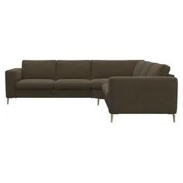 Ecksofa FLEXLUX "Fiore, gleichschenklig, super Sitzkomfort durch Kaltschaum im Sitz" Sofas Gr. B/H/T: 257cm x 85cm x 92cm, Lederoptik, Schenkel links, braun (camel brown) breite Armlehnen, Füße Alu+ Eiche, L-Form