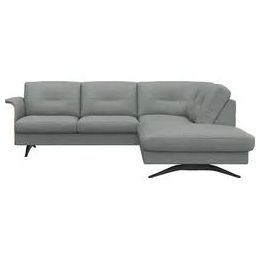 Ecksofa FLEXLUX "Glow, super bequem durch hochwertigem Sitzaufbau mit Federkern, L-Form" Sofas Gr. B/H/T: 236cm x 81cm x 224cm, Bouclé, Ottomane rechts, Armlehnen in Walnuss, blau (sky blau) Modernes skandinavisches Design