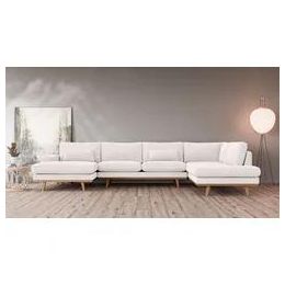 Wohnlandschaft Home Affaire "Torino mit 2 Zierkissen, auch in Bouclé" Sofas Gr. B/H/T: 351cm x 81cm x 219cm, Bouclé, Recamiere links, beige (creme) U-Form, BTH: 35121981 cm, incl. edler Holzleiste an Unterkante