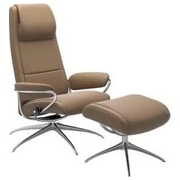 Relaxsessel stressless "Paris" Sessel Gr. Leder PALOMA, Star Base-High Base, PlusTMSystem-Gleitsystem-Relaxfunktion-Drehfunktion-Kopfstützenverstellung-Rückteilverstellung, B/H/T: 80cm x 114cm x 74cm, braun (almond paloma) mit Hocker, High Back, Star Base, Gestell Chrom