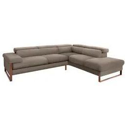 Ecksofa W.Schillig "finn" Sofas Gr. B/H/T: 281cm x 71cm x 230cm, Longlife Xtra-Leder Z59, Ottomane rechts, ohne Kopfteilverstellung-ohne Sitztiefenverstellung, braun (stone z59) German Design Award 2016, Fußgestell Nussbaum natur, Breite 281 cm