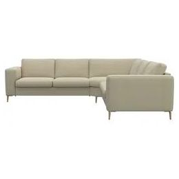 Ecksofa FLEXLUX "Fiore, gleichschenklig, super Sitzkomfort durch Kaltschaum im Sitz" Sofas Gr. B/H/T: 257cm x 85cm x 92cm, Chenille, Schenkel links, beige (sandy beige) breite Armlehnen, Füße Alu+ Eiche, L-Form