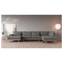 Wohnlandschaft Home Affaire "Torino mit 2 Zierkissen, auch in Bouclé" Sofas Gr. B/H/T: 351cm x 81cm x 219cm, Struktur weich, Recamiere links, grau (dunkelgrau) U-Form, BTH: 35121981 cm, incl. edler Holzleiste an Unterkante