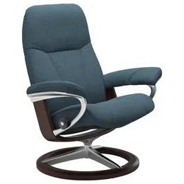 Relaxsessel stressless "Consul" Sessel Gr. ROHLEDER Stoff Q2 FARON, Signature Base Braun, BalanceAdaptTM-PlusTMSystem-Gleitsystem-Relaxfunktion-Drehfunktion-Kopfstützenverstellung-Rückteilverstellung, B/H/T: 82cm x 102cm x 72cm, blau (petrol q2 faron) mit Signature Base, Größe M, Gestell Braun