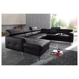 Wohnlandschaft COTTA "Sammy U-Form" Sofas Gr. B/H/T: 304cm x 74cm x 240cm, NaturLEDER, Recamiere links, Mit Kopfteilverstellung-Ohne Bettfunktion und Bettkasten, schwarz mit Kopfteilverstellung, optional Bettfunktion und Bettkasten